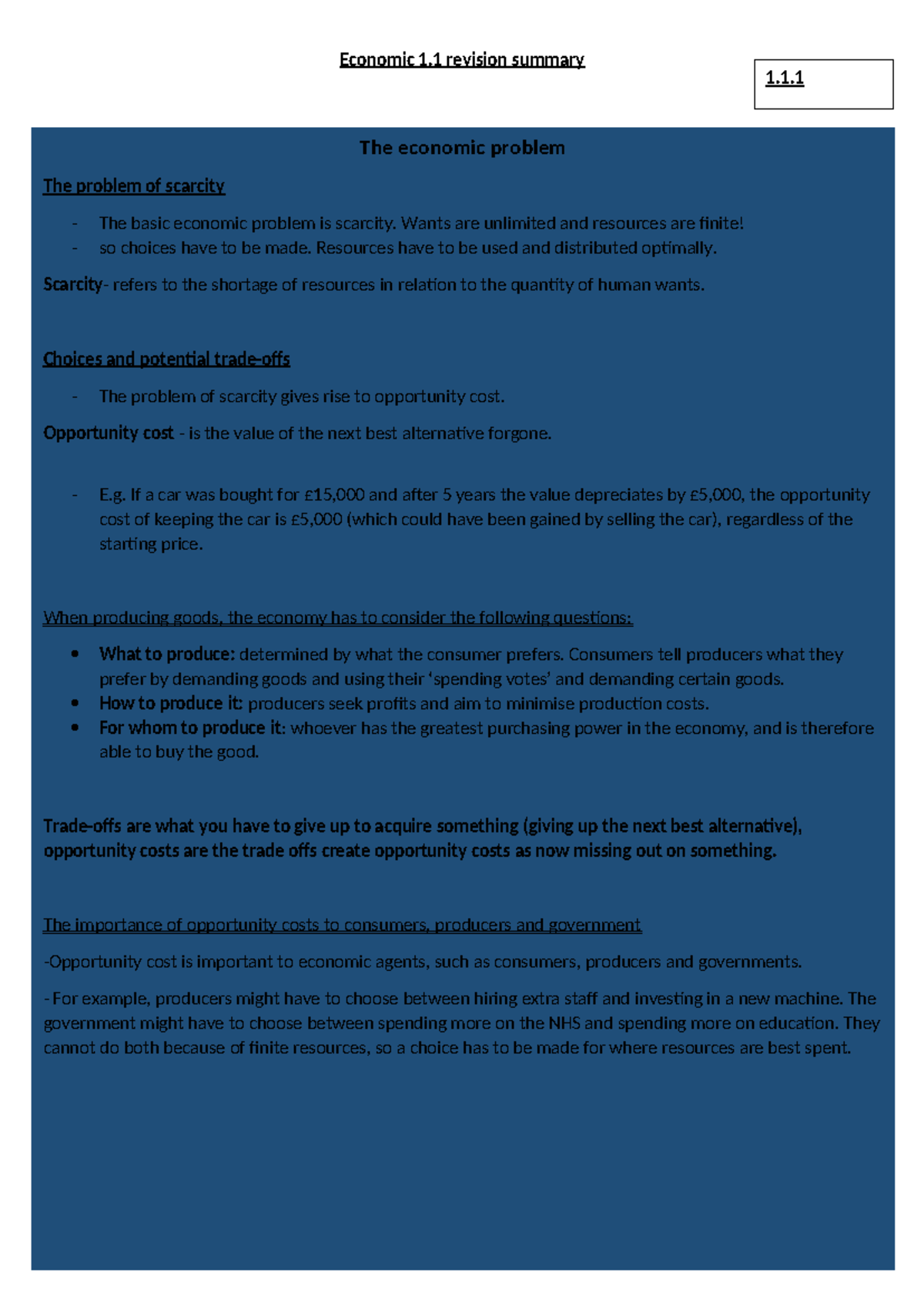 Economic Problem 1.1 Revision Notes: Scarcity & Opportunity Costs - Studocu