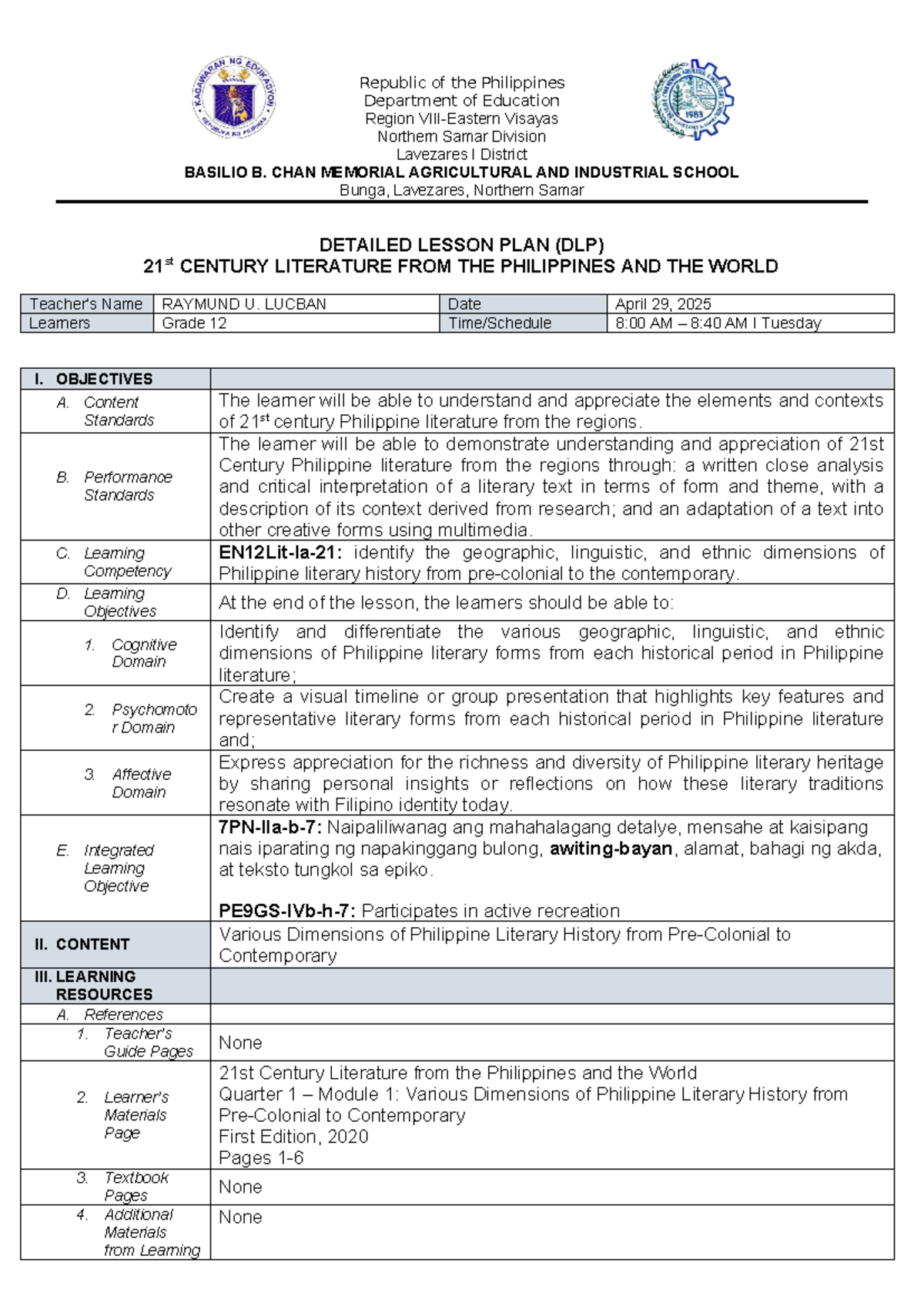 SHS Detailed Lesson Plan: 21st Century Literature (Grade 12) - Studocu