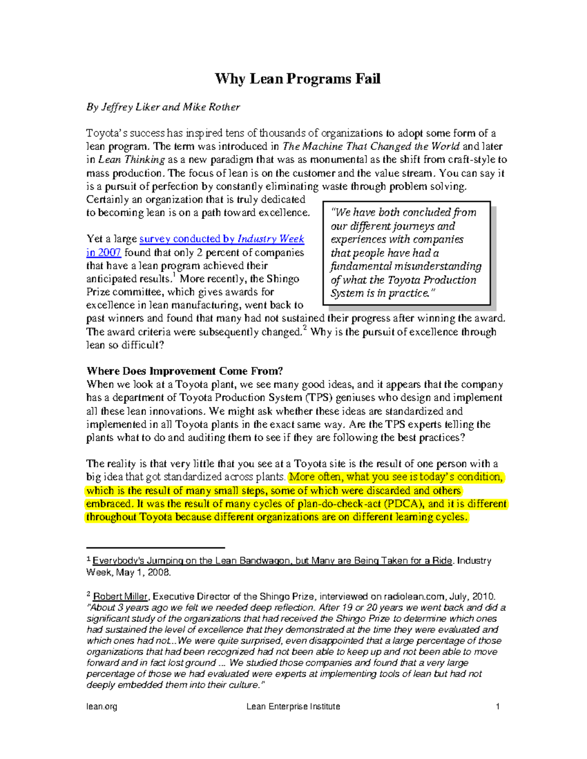 Why Lean Programs Fail: Insights by Liker and Rother on TPS - Studocu