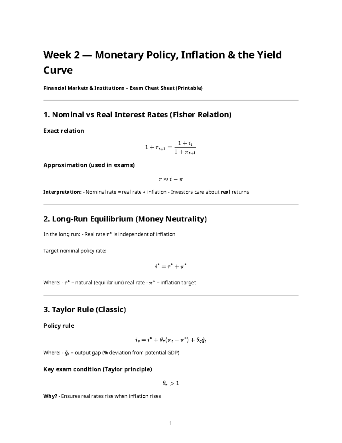Week 2 – Monetary Policy, Inflation & Yield Curve Exam Cheat Sheet ...