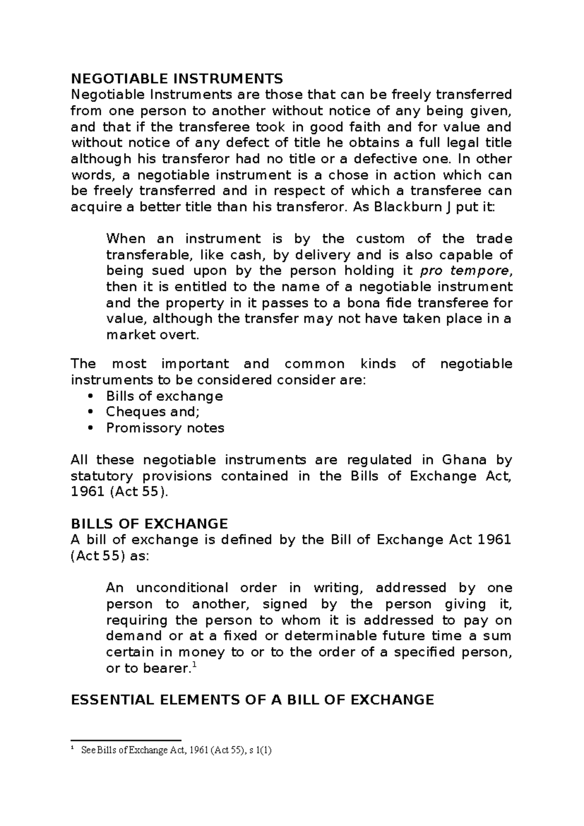 GHA 101: Notes on Negotiable Instruments and Bills of Exchange - Studocu