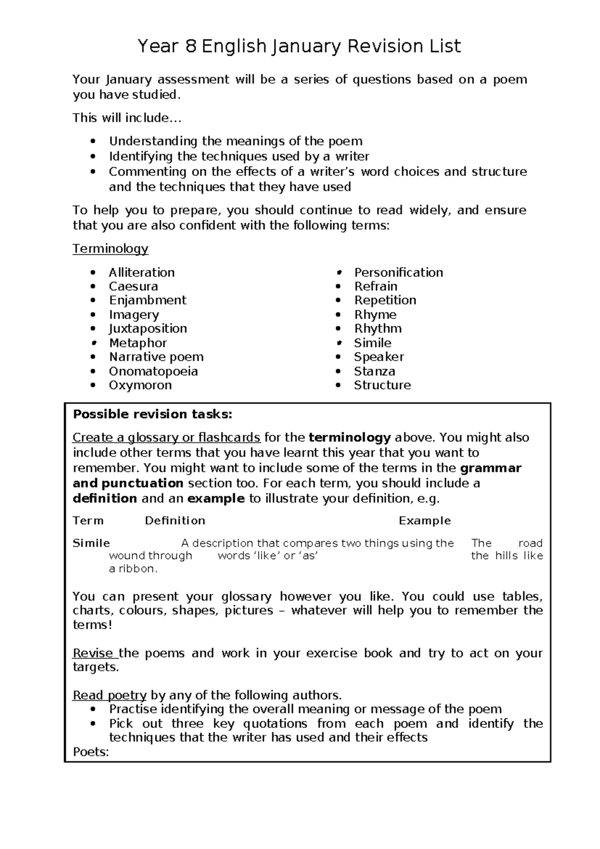 Year 8 English January Revision: Poem Techniques & Terminology - Studocu