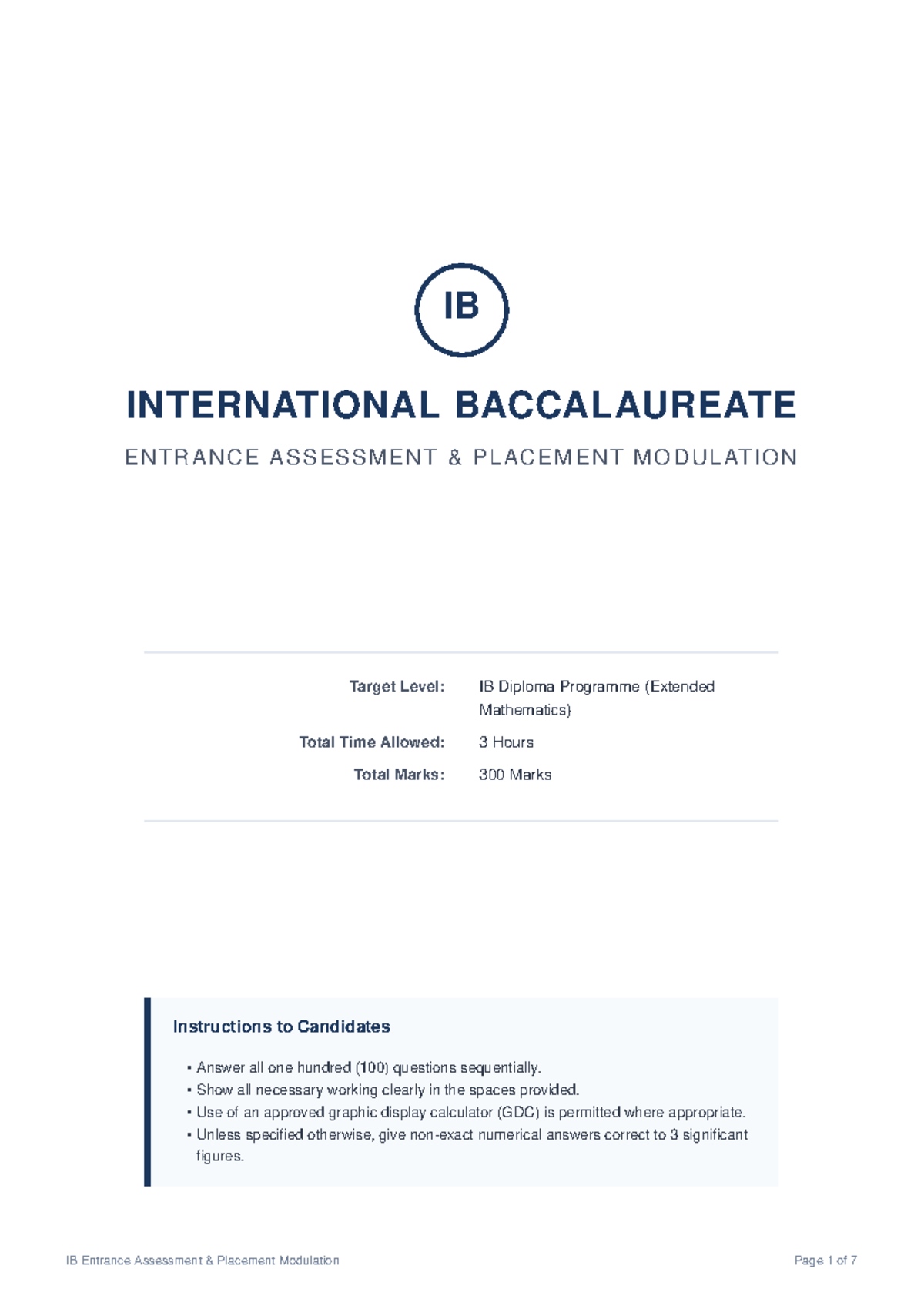 IB Entrance Assessment Worksheet for IB Diploma Programme (Extended ...