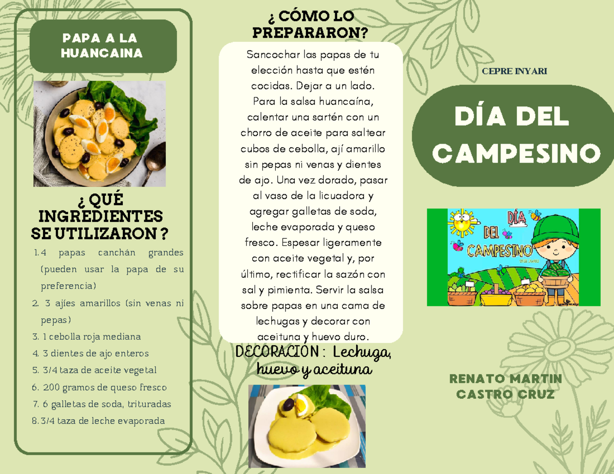 Receta de Papa a la Huancaina - DÍA DEL CAMPESINO - Triptico Renato ...