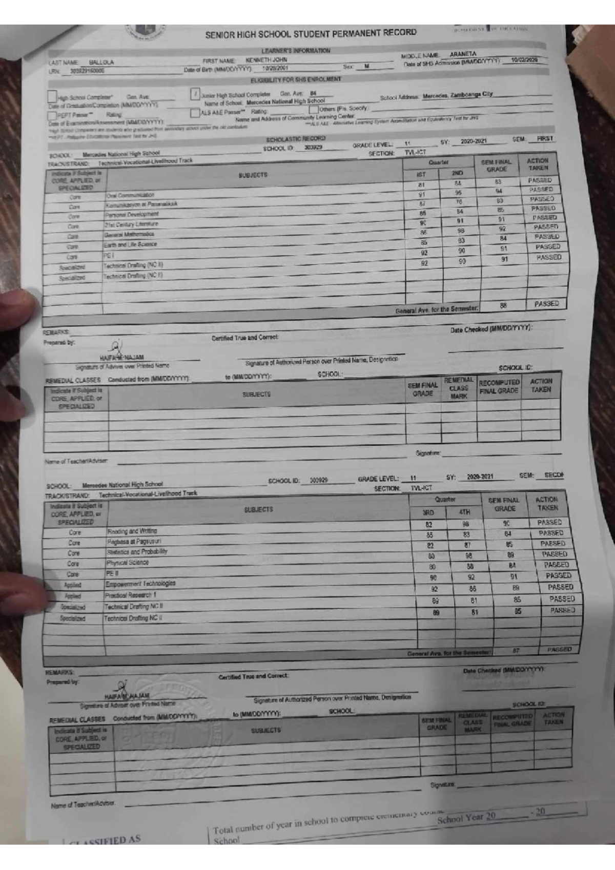 SHS Student Permanent Record - Kenneth John Ballola (Grade 11) - Studocu