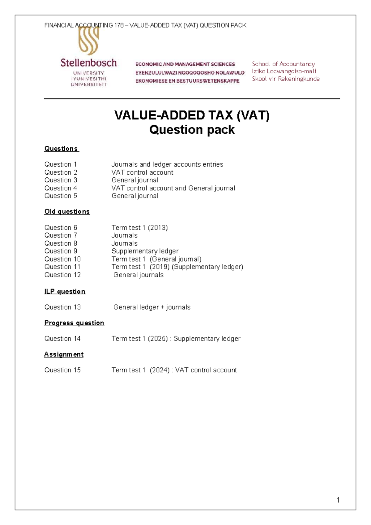 FINANCIAL ACCOUNTING 178 TAX (VAT) QUESTION PACK 2026 - Studocu