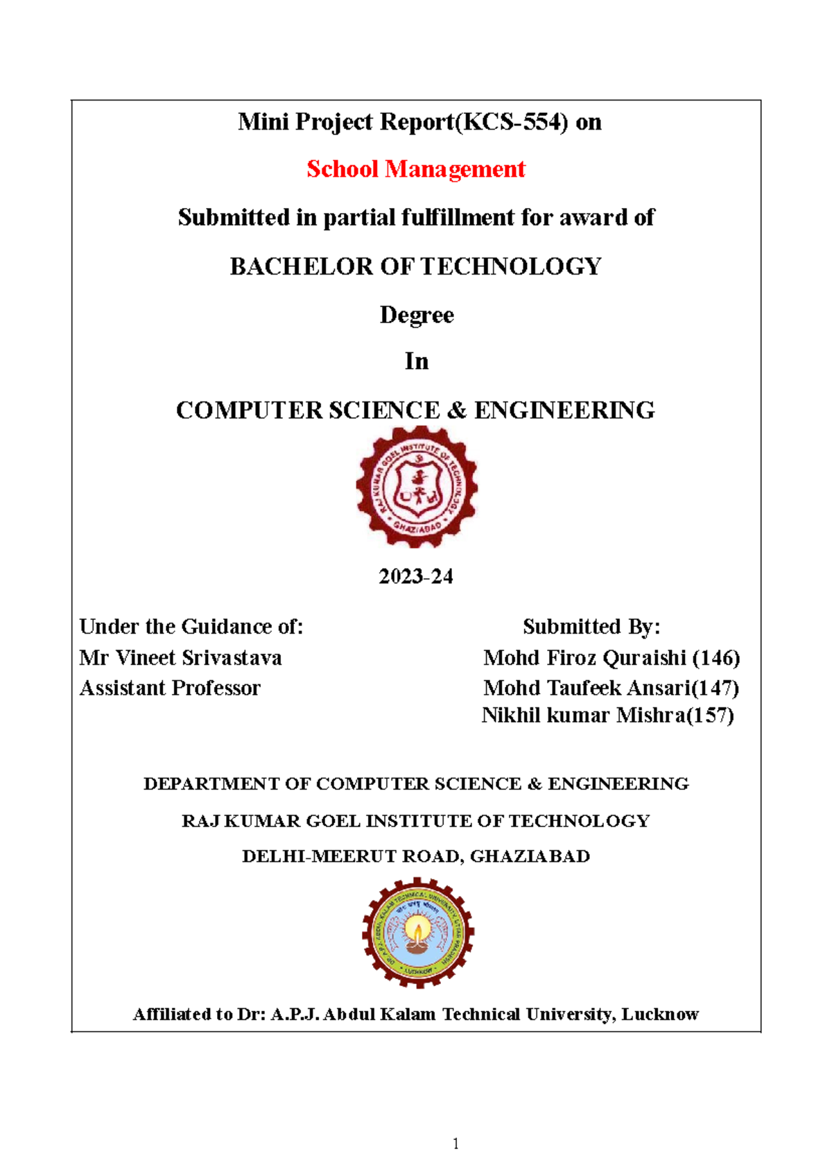 3rd Year Mini Project - Mini Project Report(KCS-554) on School Management Submitted in partial ...