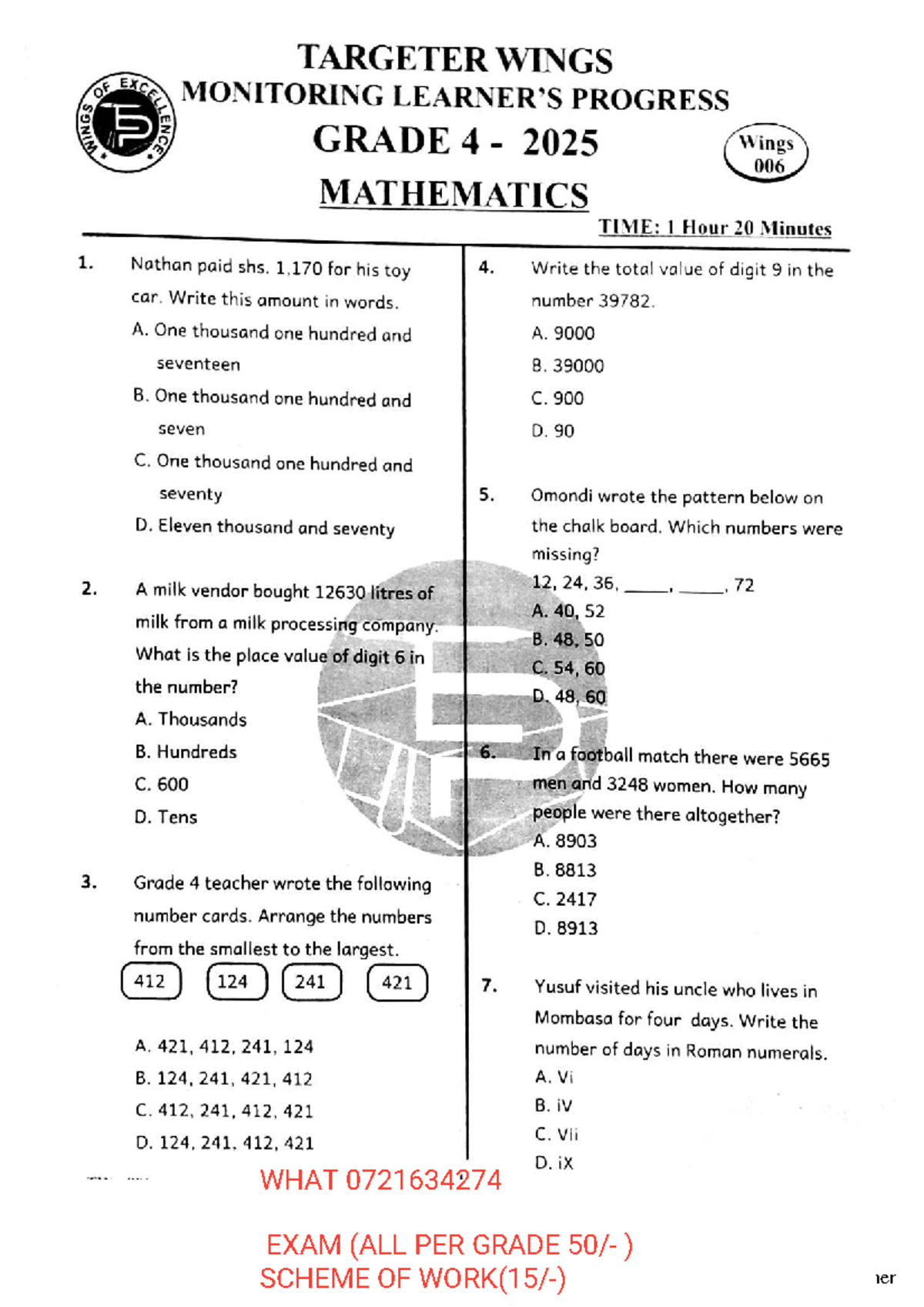 Grade 4 Mathematics Exam TW 006 - Monitoring Progress 2025 - Studocu