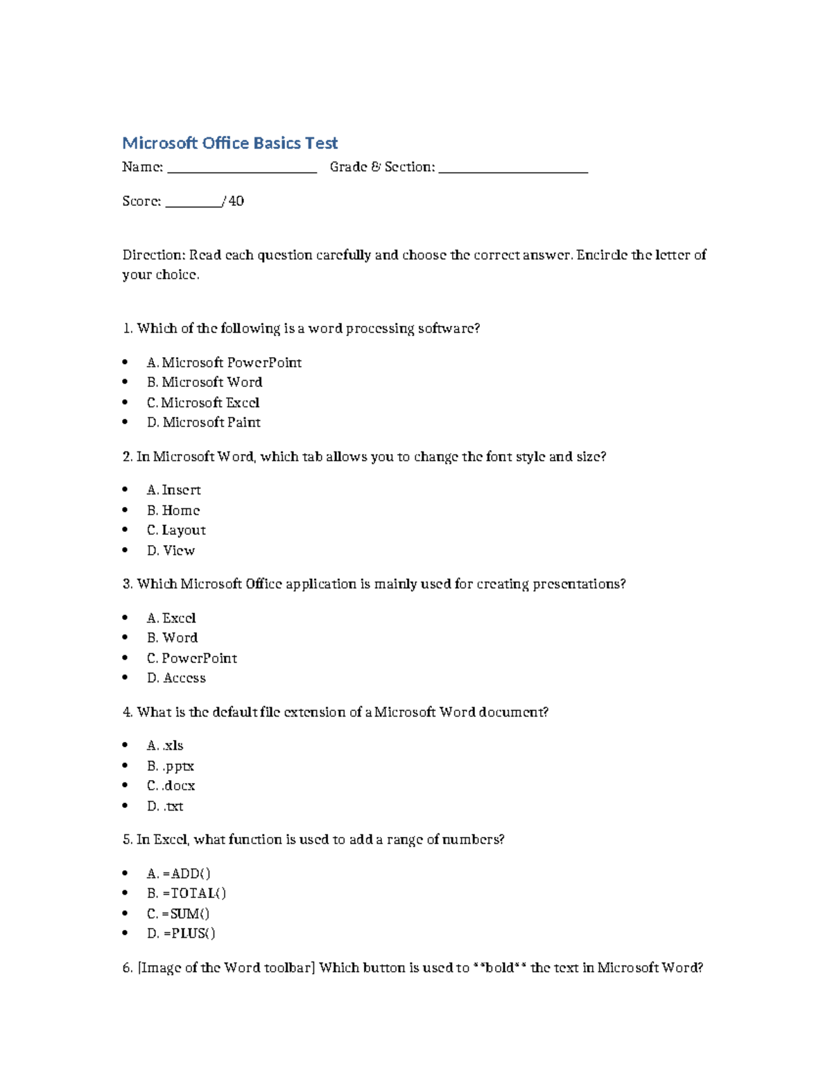 Microsoft Office Basics Test: Quiz on Word, Excel, and PowerPoint - Studocu