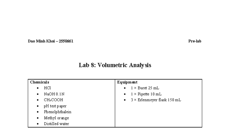 Lab 8: Volumetric Analysis of HCl and NaOH - pH Testing (2550661) - Studocu