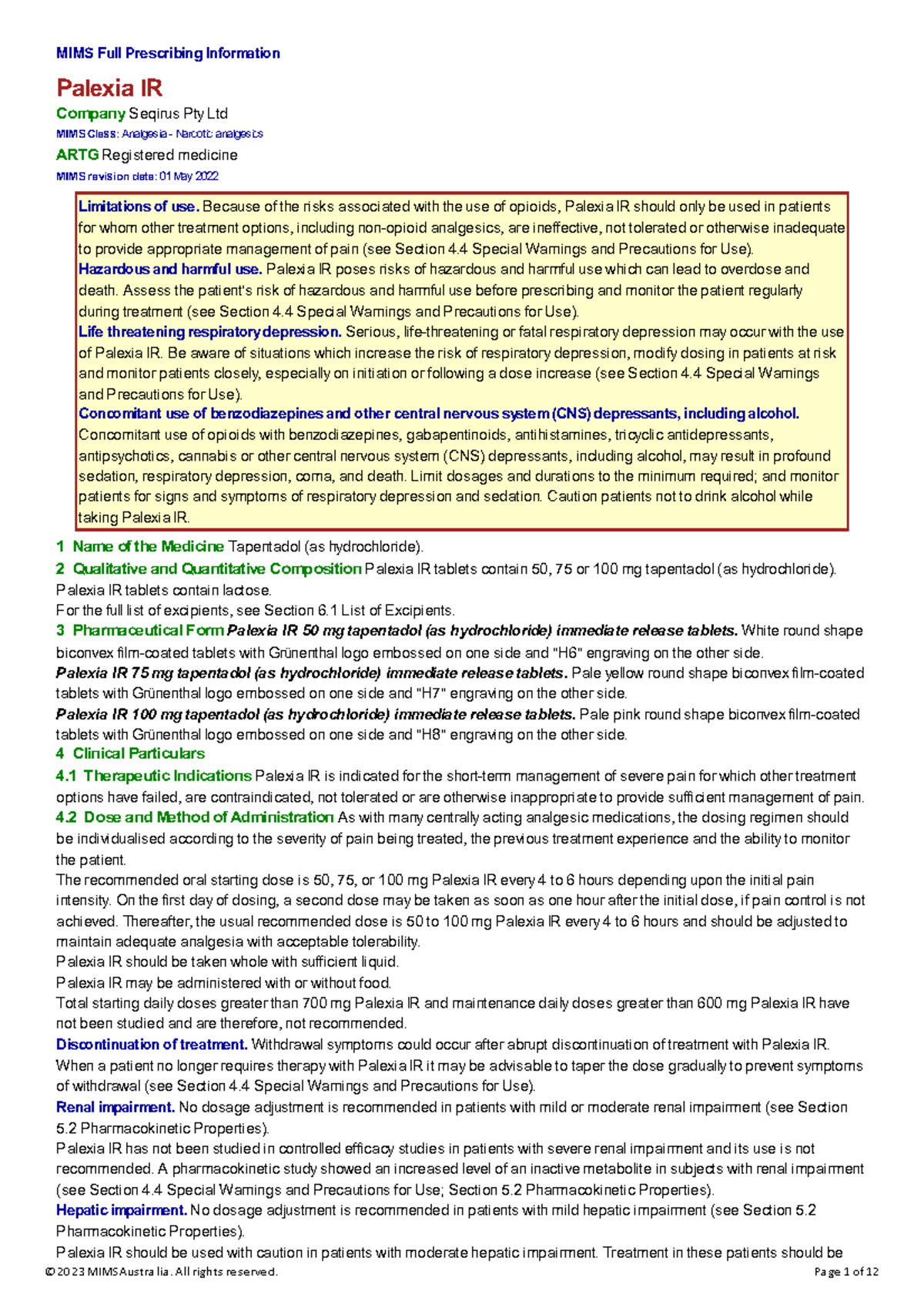 Palexia IR (Tapentadol) Full Prescribing Information - MIMS Review ...
