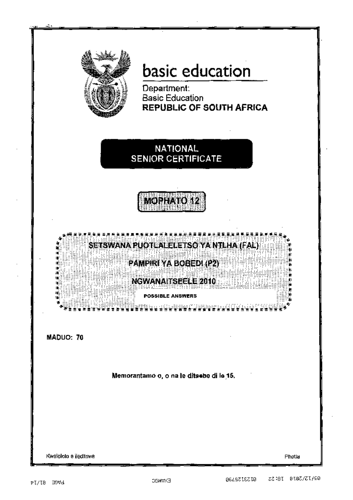Grade 12 NSC Setswana P2 (FAL) Nov 2010 Possible Answers Review - Studocu
