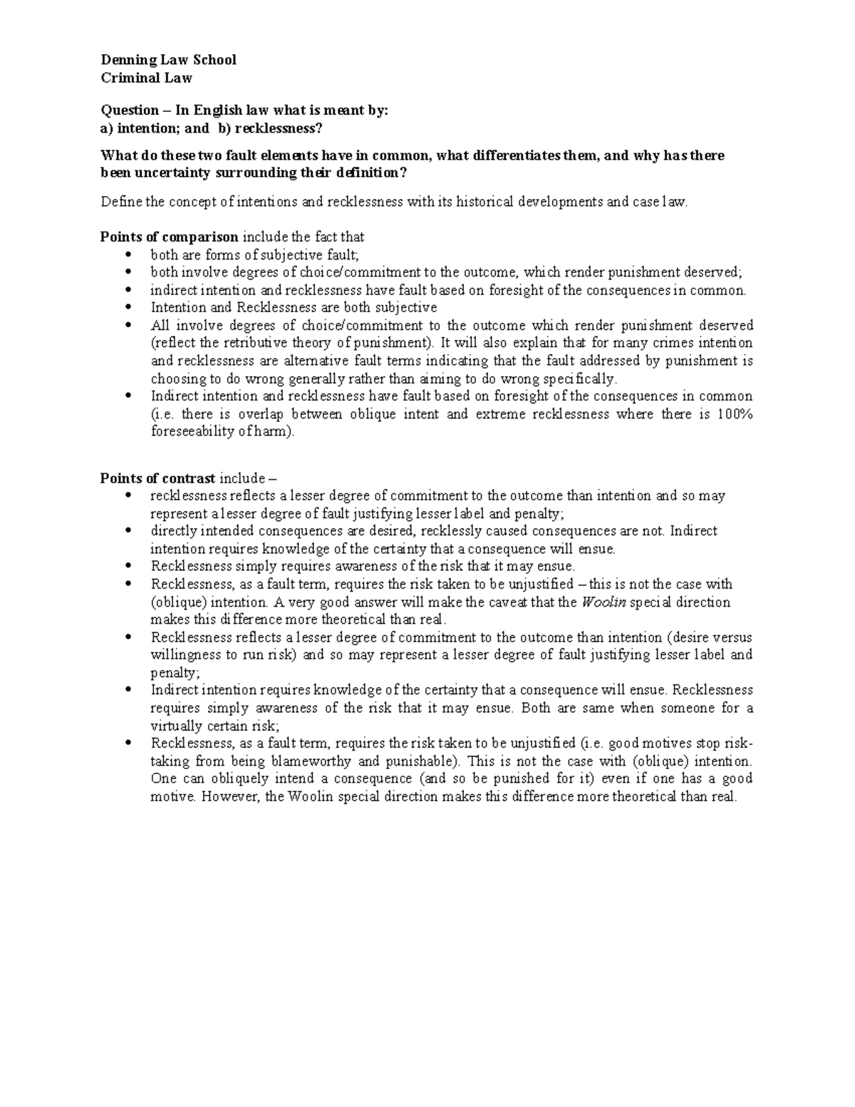 Denning Law School Criminal Law Essay: Intention vs. Recklessness ...
