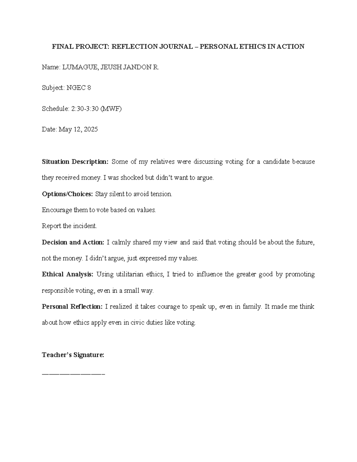 NGEC 8 Final Project: Reflection on Personal Ethics in Voting - Studocu