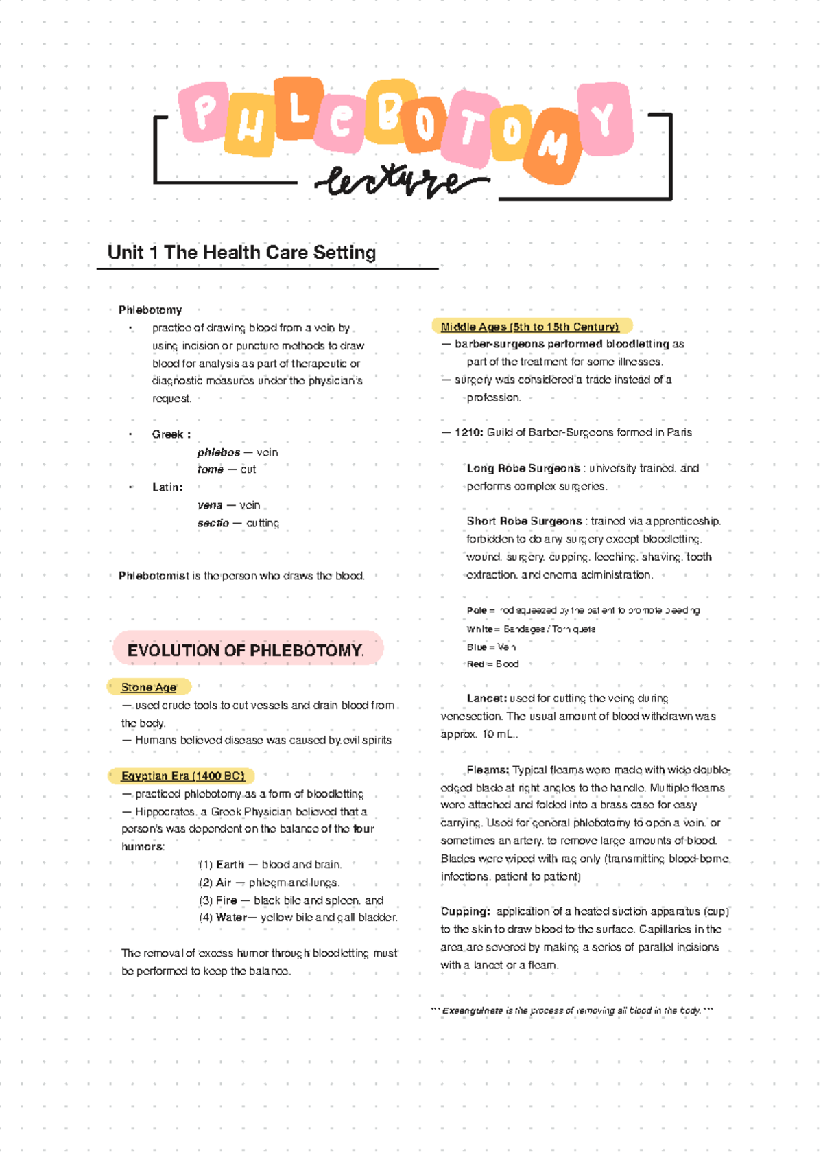 QQD Unit 1: Evolution of Phlebotomy and Healthcare Practices - Studocu