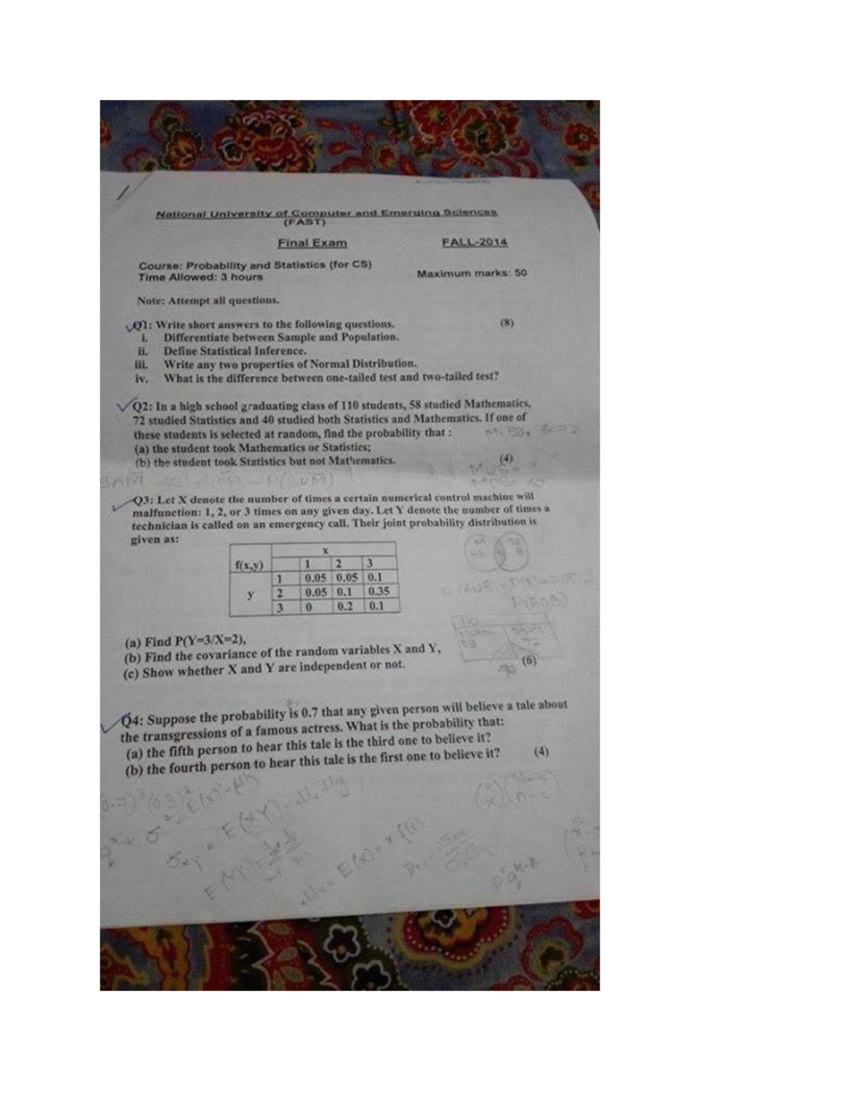 Probability and Statistics (CS) Final Exam - Fall 2014 - Studocu