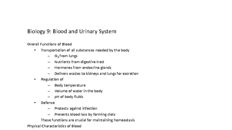 Biology 9: Key Lecture Notes on Blood & Urinary Systems - Studocu