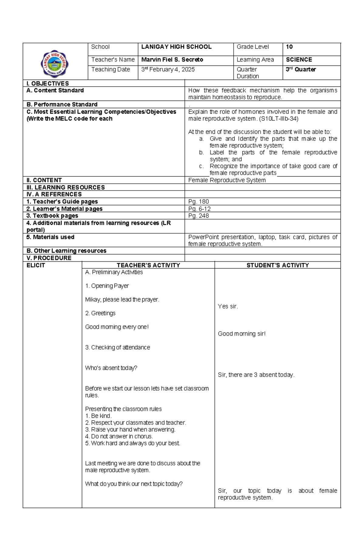 Grade 10 Science 3rd Quarter Lesson Plan: Female Reproductive System ...