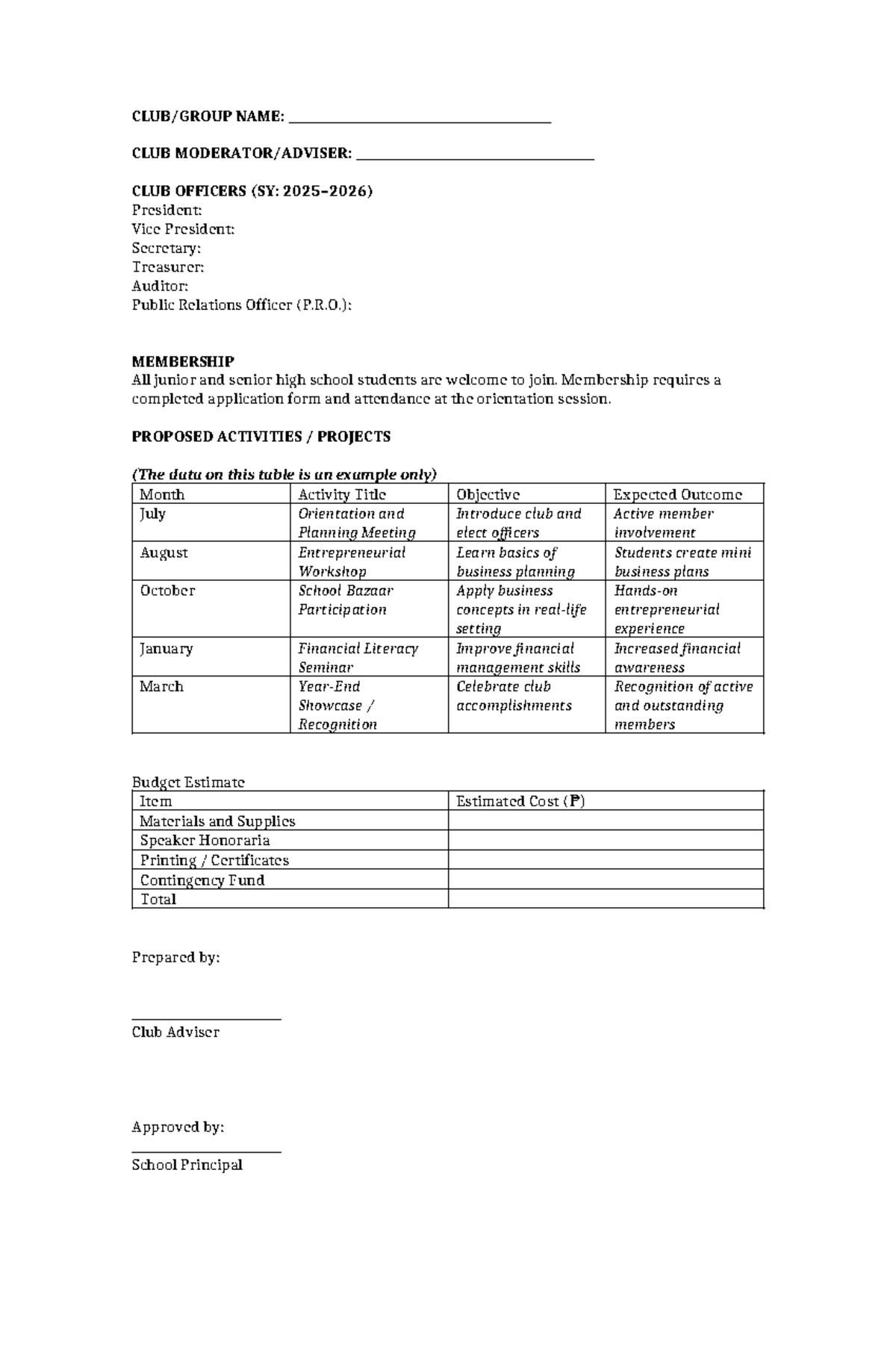 Club Plan Template: Activities & Officer Roles for SY - Studocu
