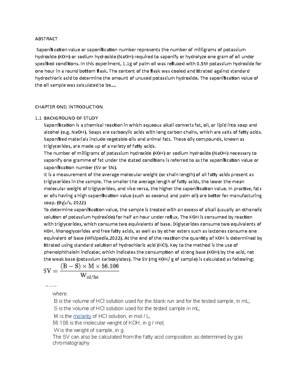 Determination of Saponification Value of Palm Oil in Experiment - Studocu
