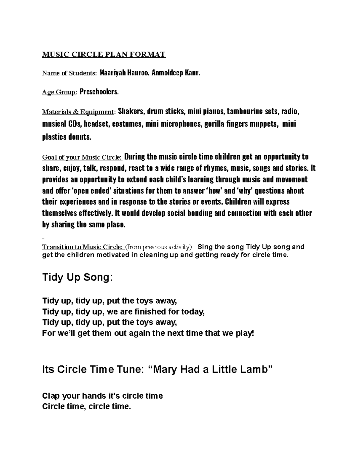 Music Circle Plan Assignment - Preschool Activities 2019 - Studocu