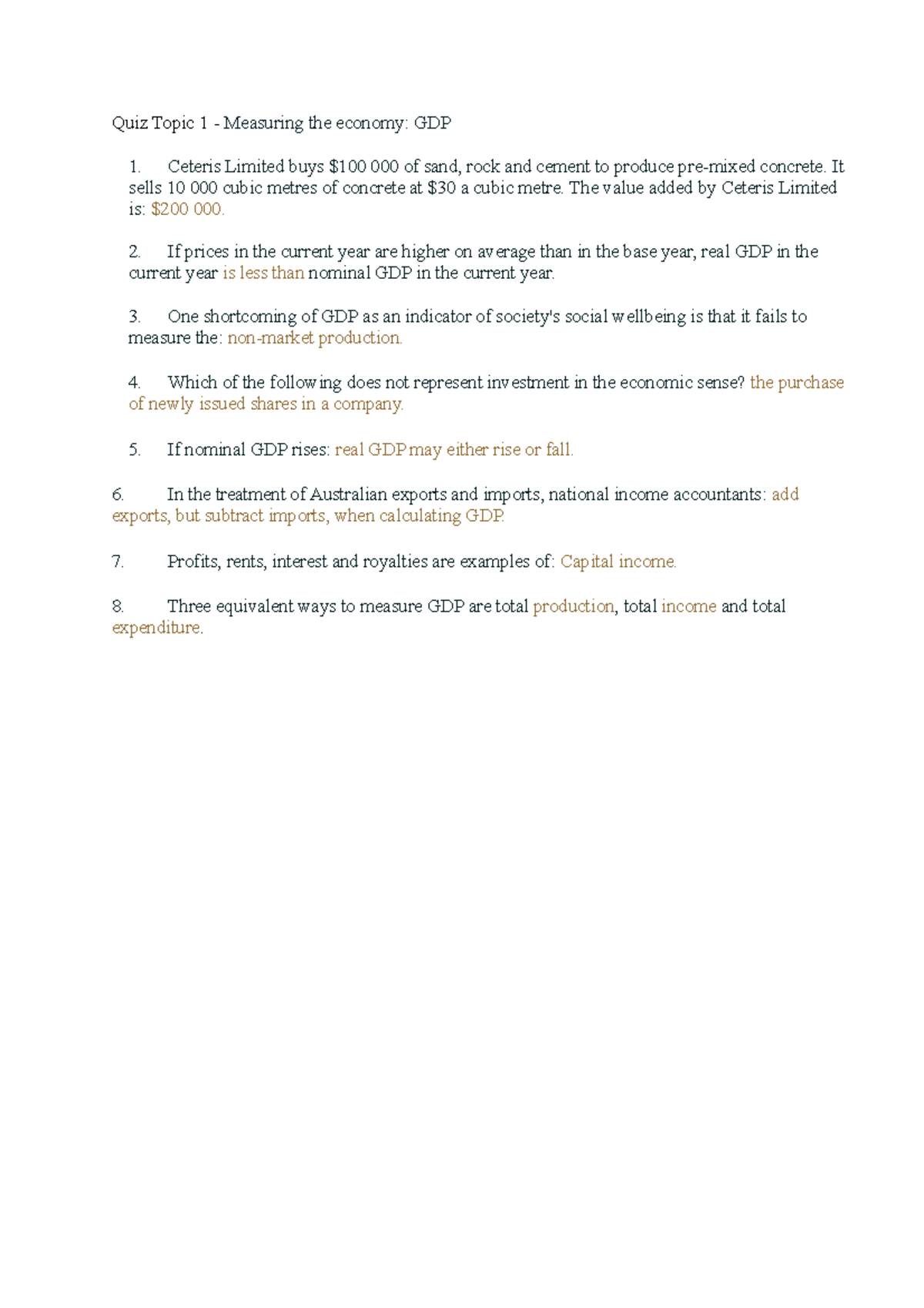 Quiz Topic 1: Measuring the Economy - GDP Insights and Concepts - Studocu