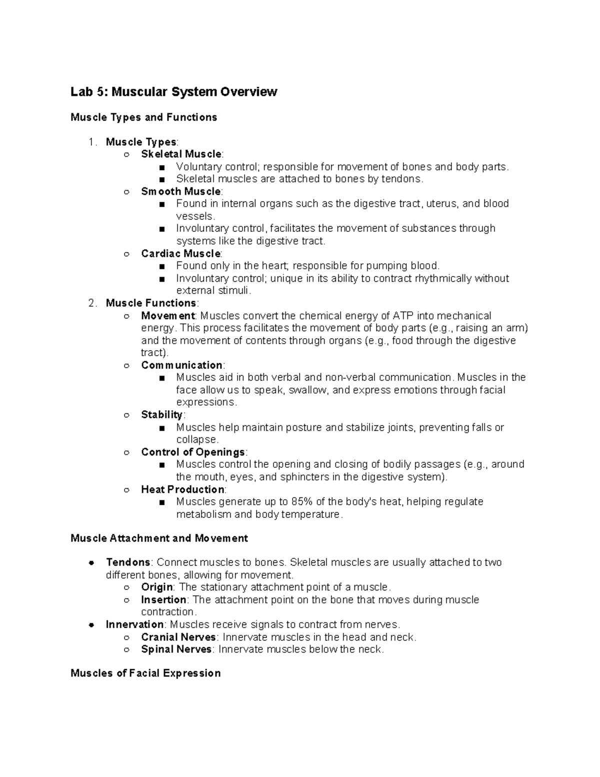 Lab 5 Muscular System Overview - Lab 5: Muscular System Overview Muscle Types and Functions 1 ...