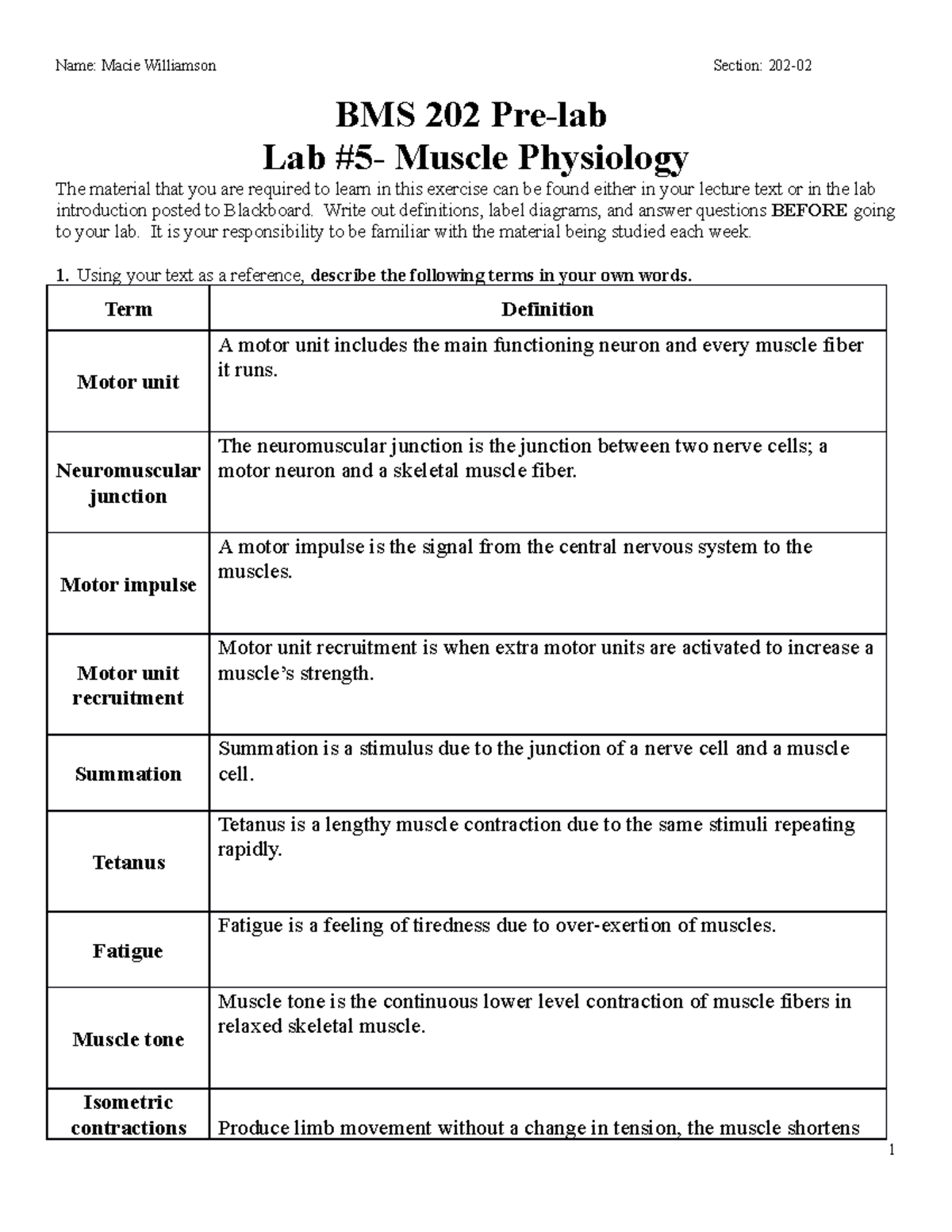 BMS 202 Pre-Lab: Muscle Physiology Definitions & Diagrams - Studocu