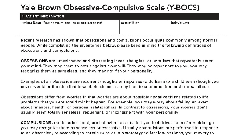 Yale-Brown Obsessive-Compulsive Scale (Y-BOCS) Checklist and Guide ...