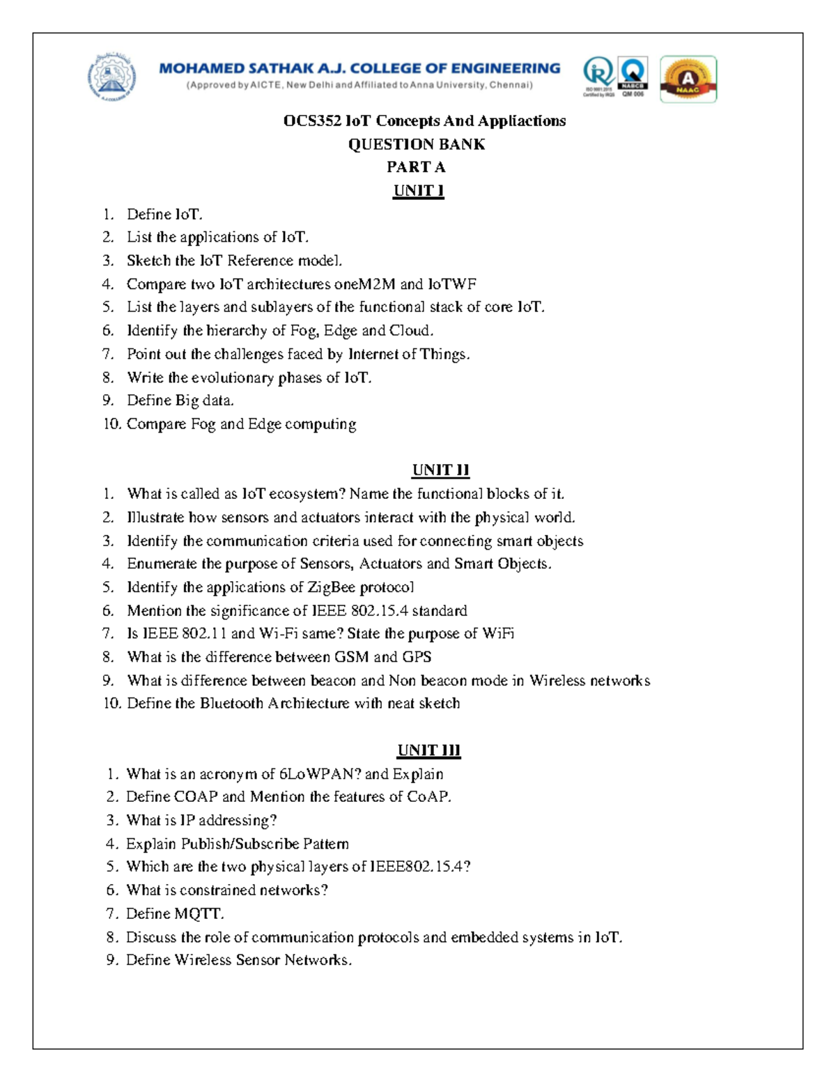 OCS352 IoT Concepts and Applications - Comprehensive Question Bank - Studocu