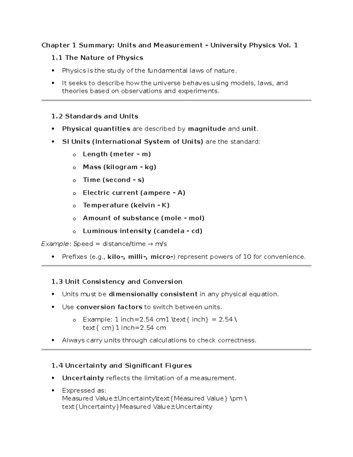 University Physics Vol. 1: Chapter 1 Summary - Units & Measurement - Studocu