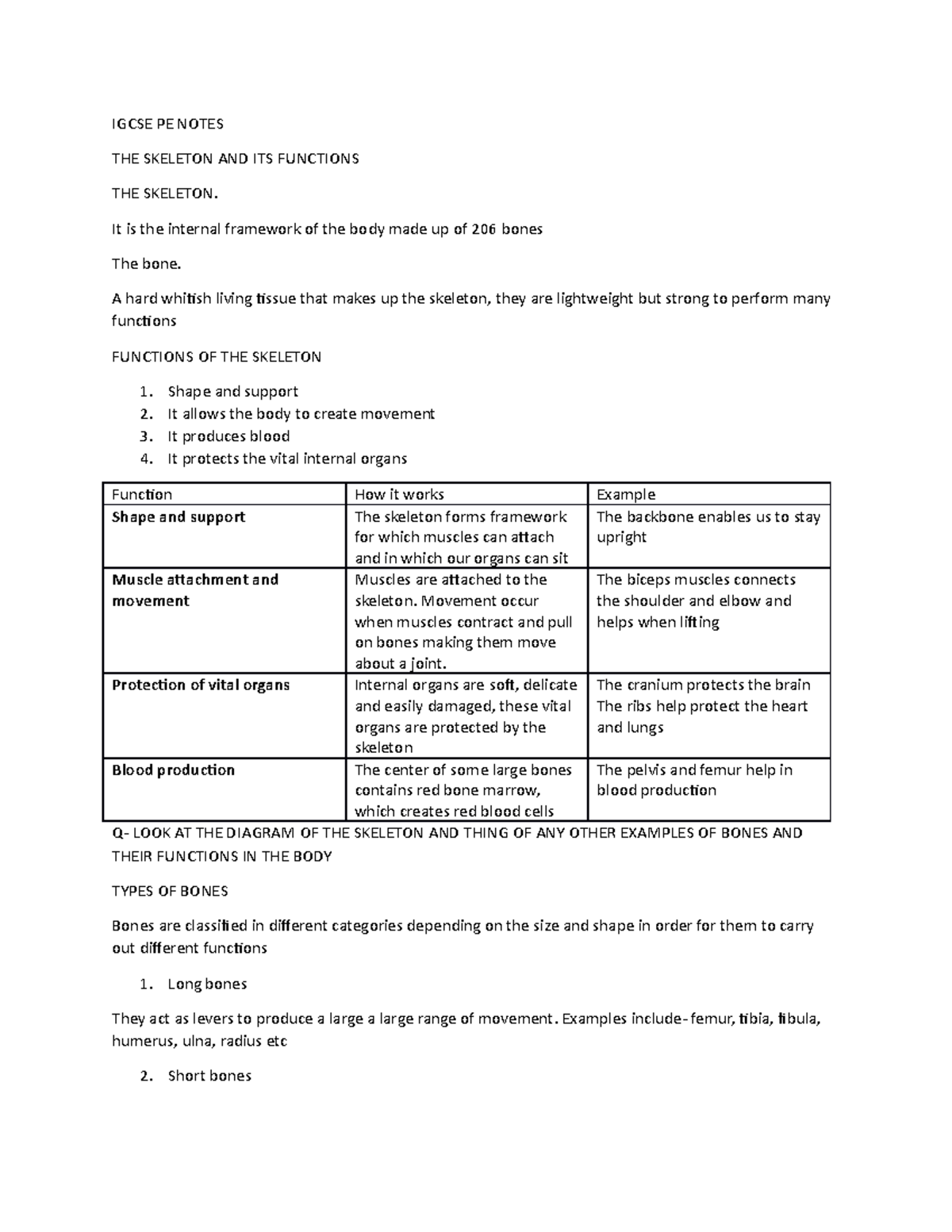 IGCSE PE: Skeleton Functions and Muscle Actions Overview - Studocu