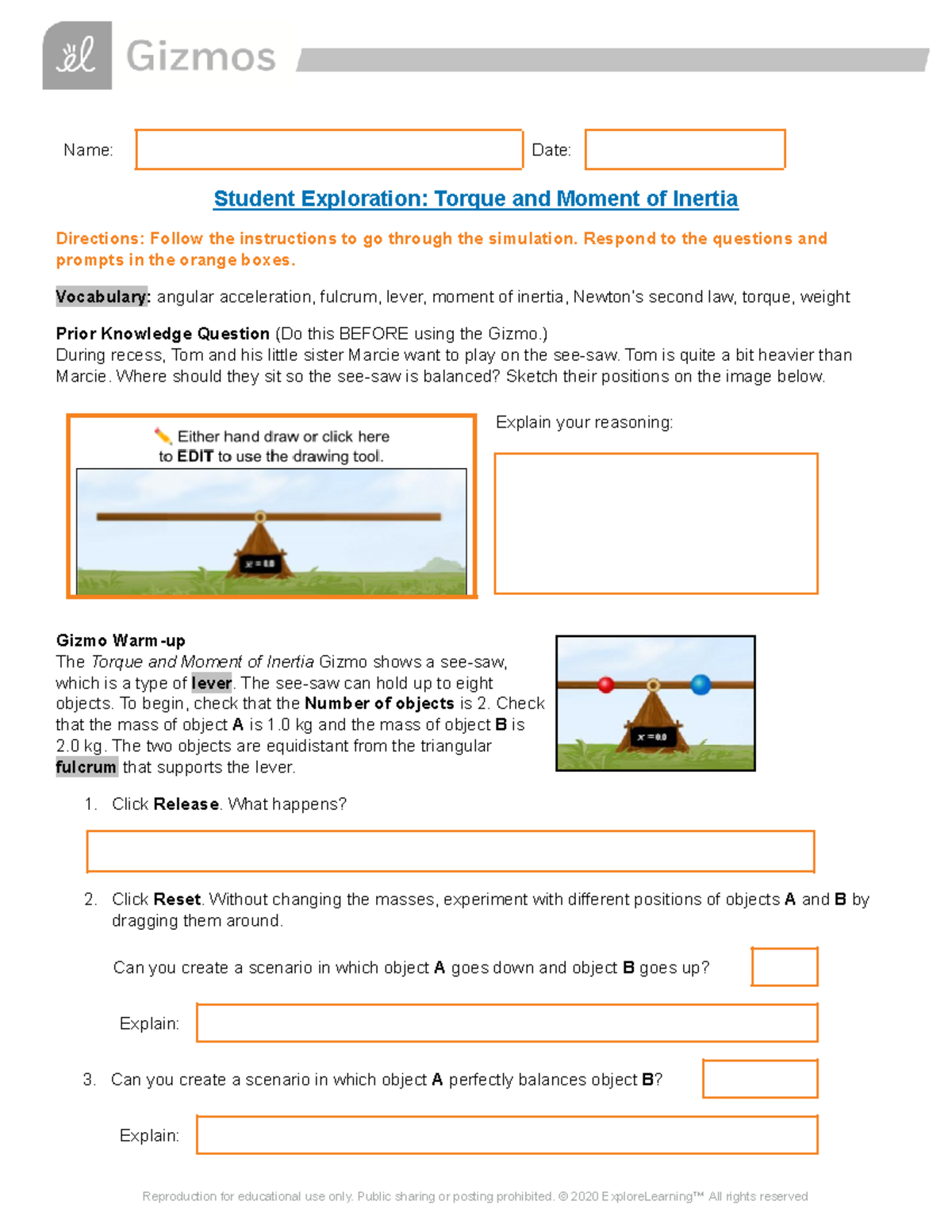 Torque Moment Inertia SE - Name: Date: Student Exploration: Torque and ...