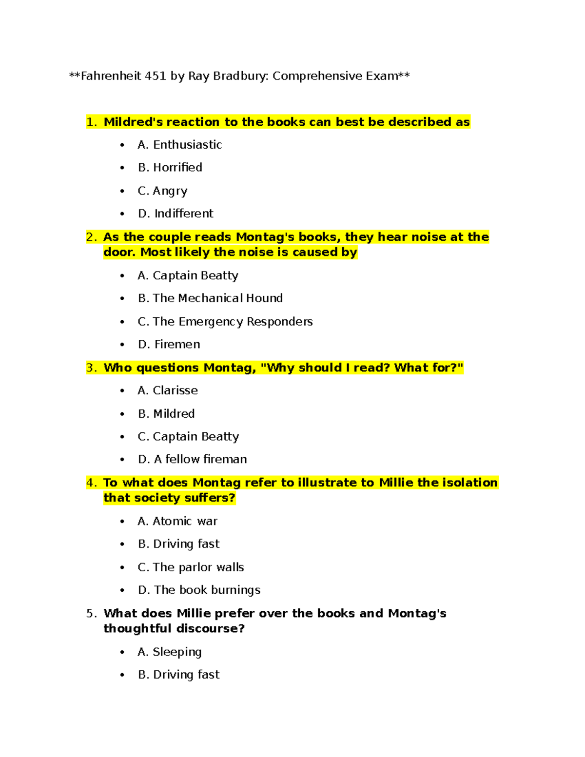 Fahrenheit 451: Multiple Choice Questions & Answers - Studocu