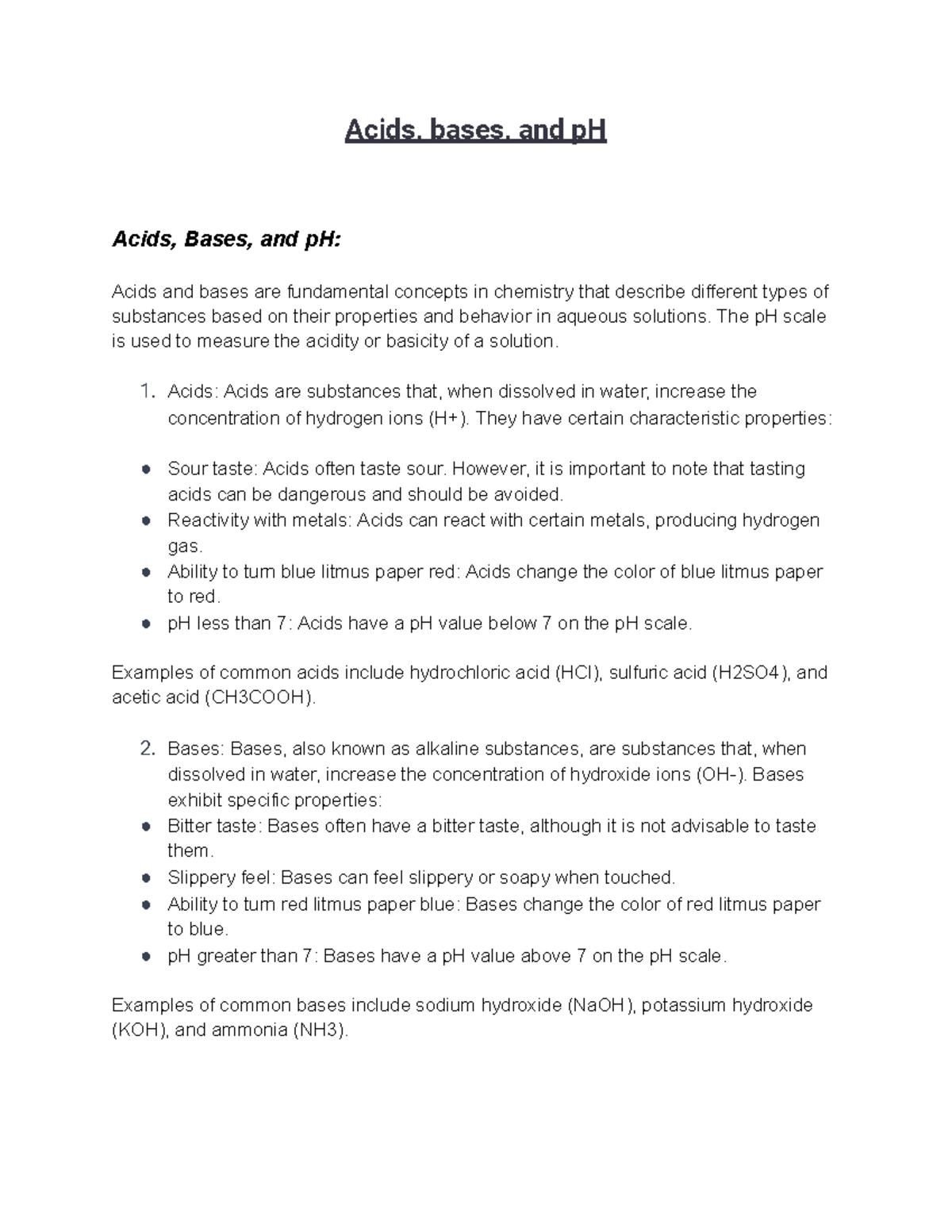 Notes on Acids, Bases, and pH Scale for Chemistry Study - Studocu