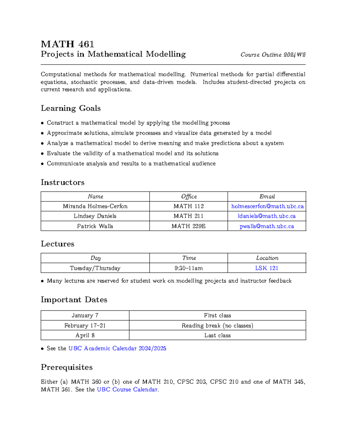 MATH 461 2024W2 Course Outline: Projects in Mathematical Modelling ...