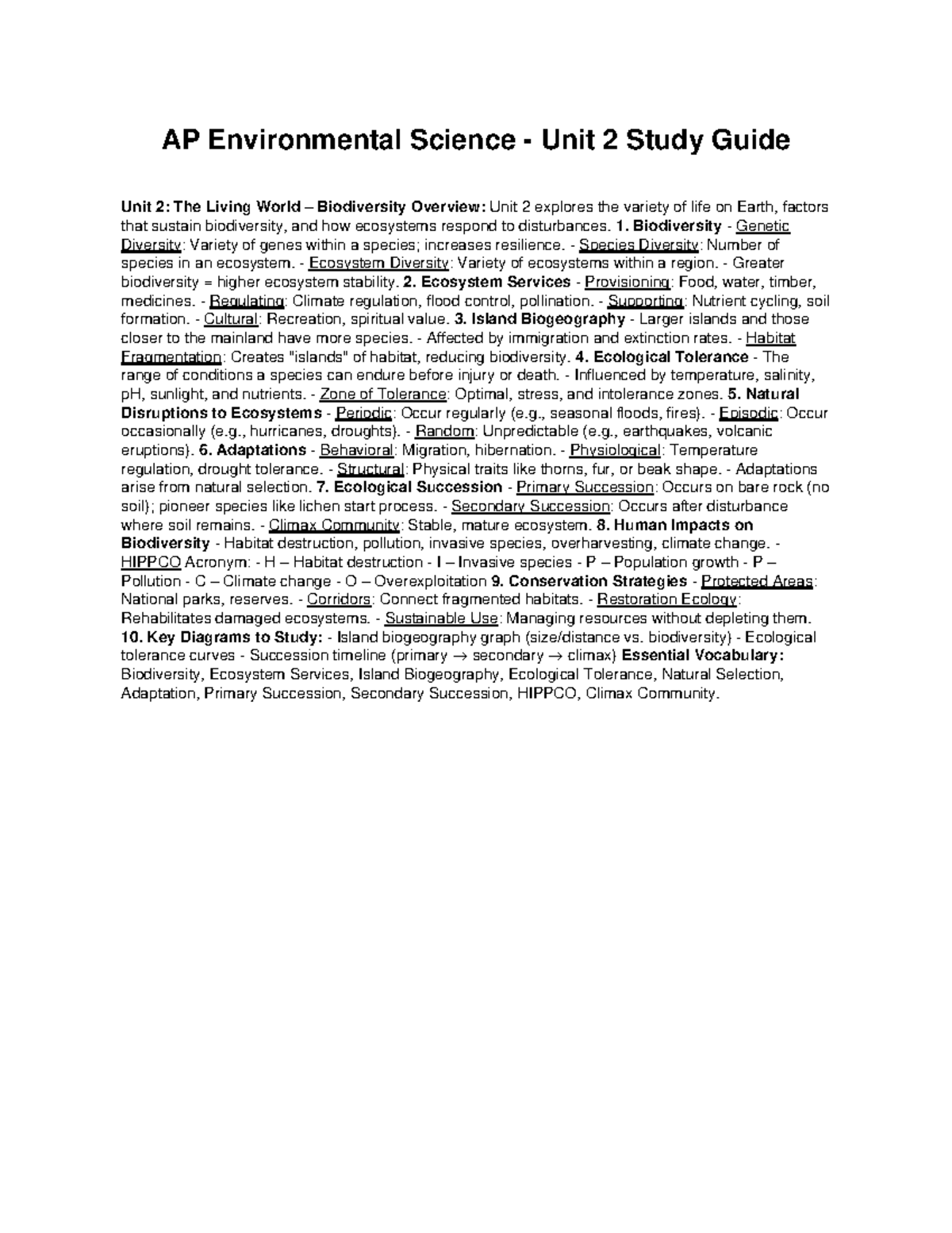 AP Environmental Science Unit 2 Study Guide: Biodiversity & Ecosystems ...
