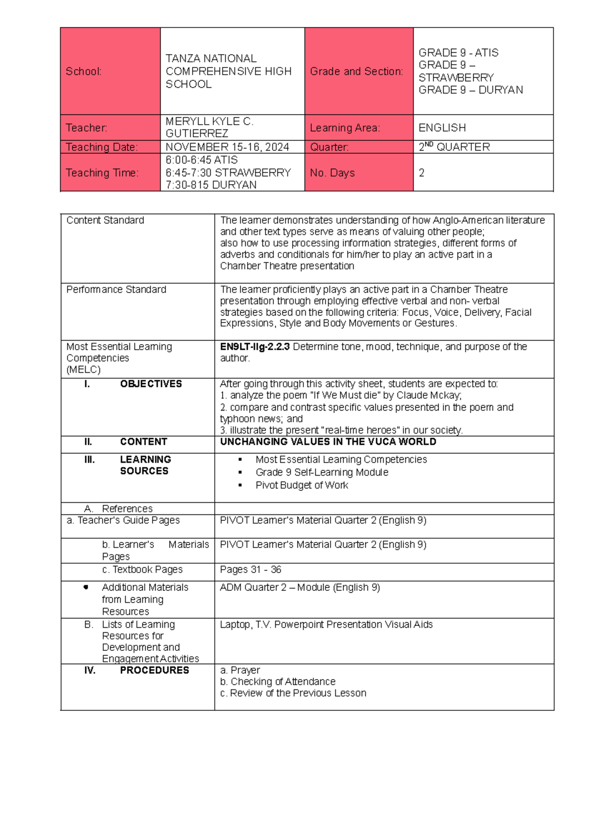 IF WE MUST DIE: Lesson Plan for G9 English - 2nd Quarter - Studocu