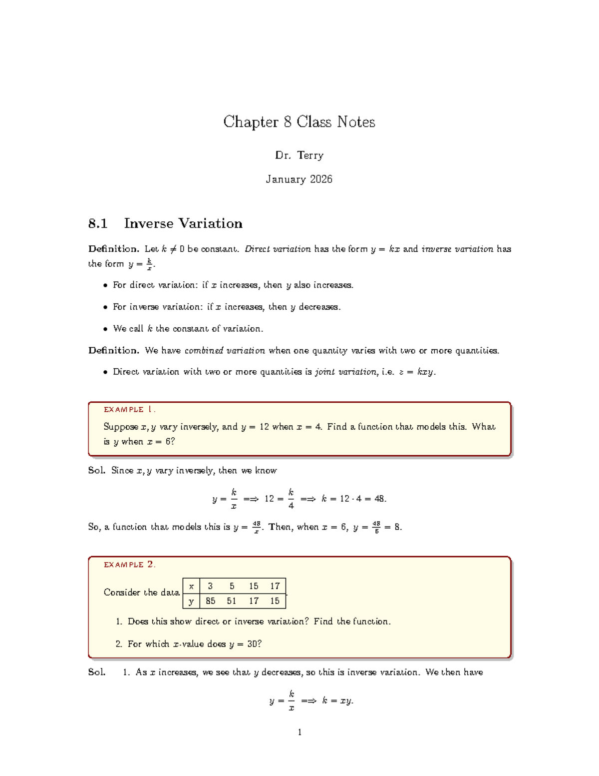 Chapter 8 Class Notes: Inverse Variation & Rational Functions - Studocu