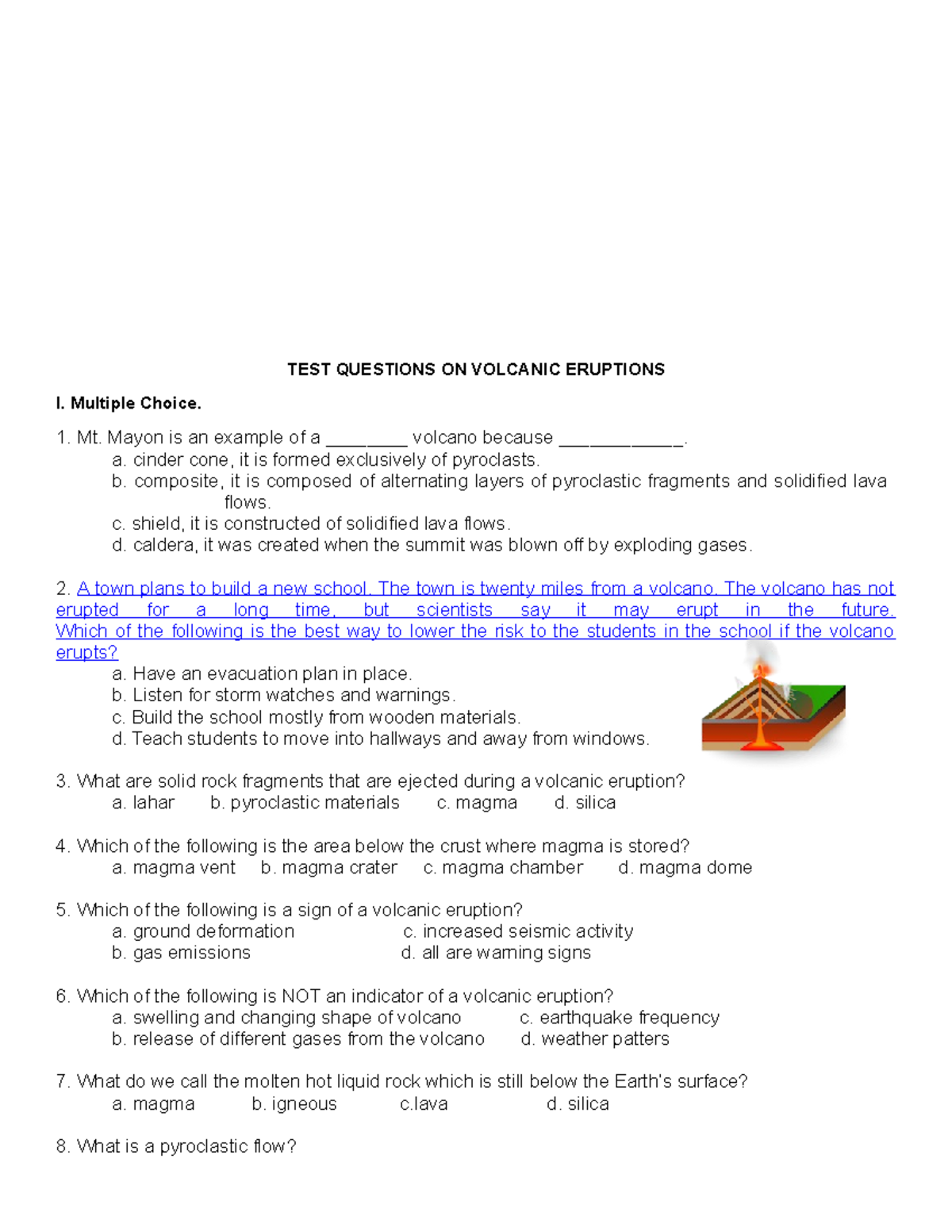 Test Questions on Volcanic Eruptions - Science (Course Code: SC101 ...