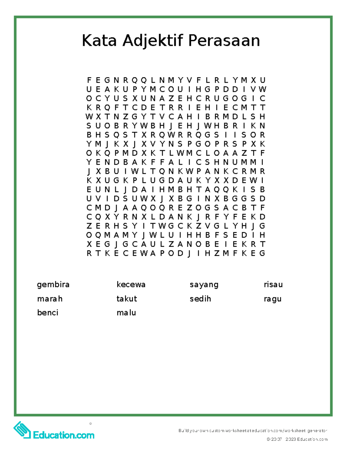 Worksheet - Cari Perkataan Tersembunyi: Adjektif Perasaan - Studocu