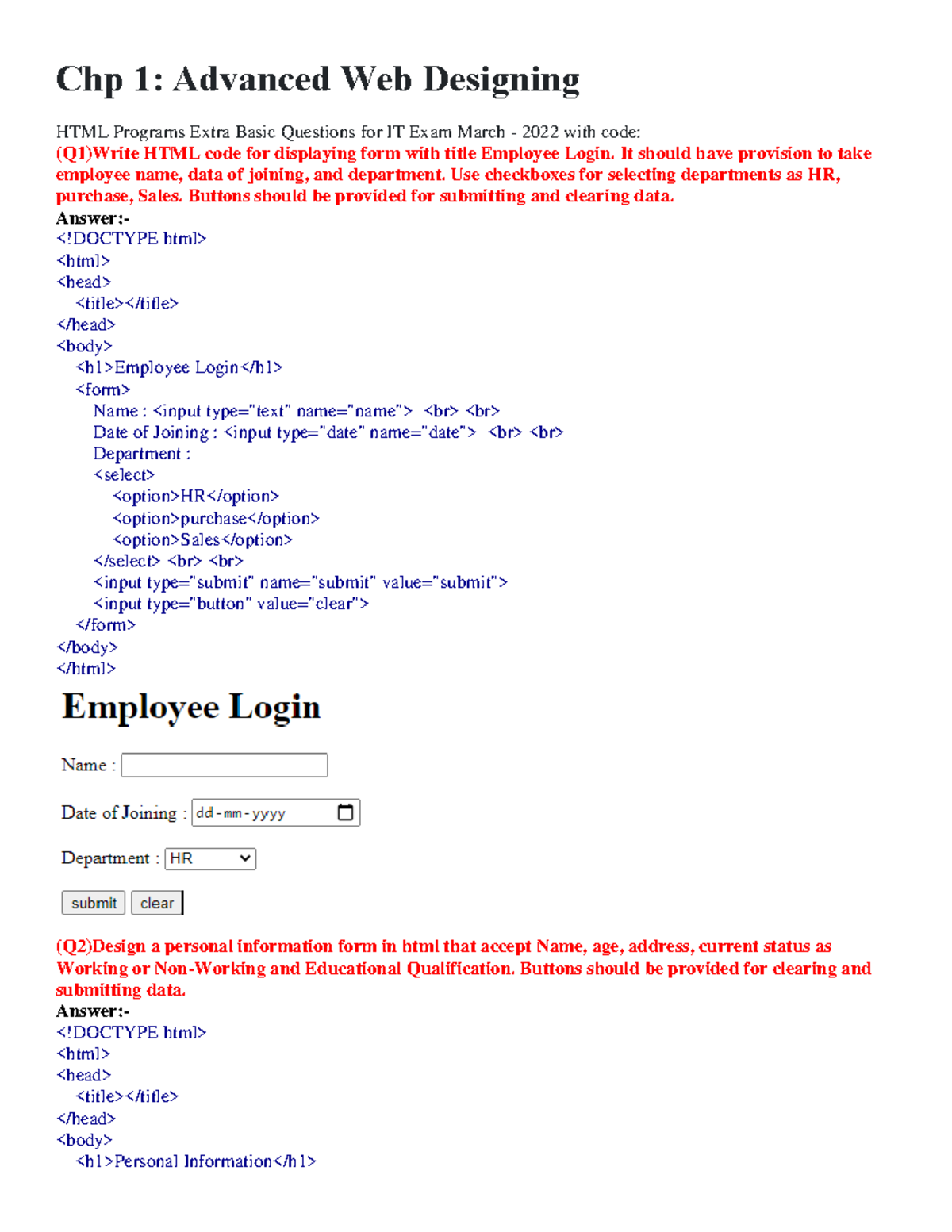 Basic Questions of Chp 1 Advanced Web Designing - Chp 1: Advanced Web Designing HTML Programs ...
