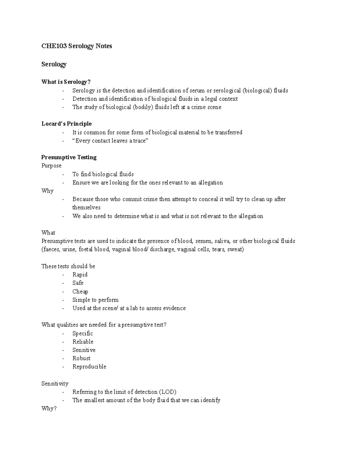 Serology Exam Notes - CHE103 Serology Notes Serology What is Serology ...