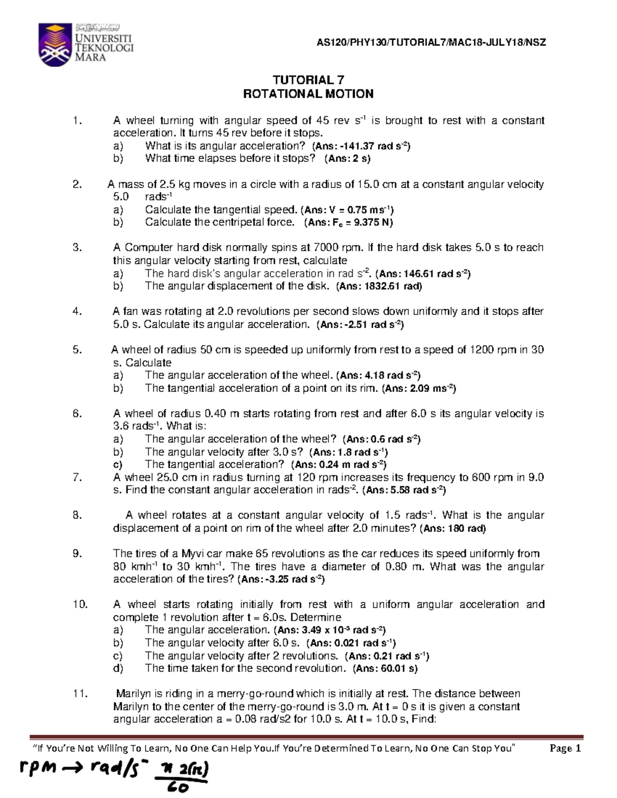 Tutorial 7 - Tuto - AS120/PHY1 30 /TUTORIAL 7 /MAC 18 - JULY 18 /NSZ ...