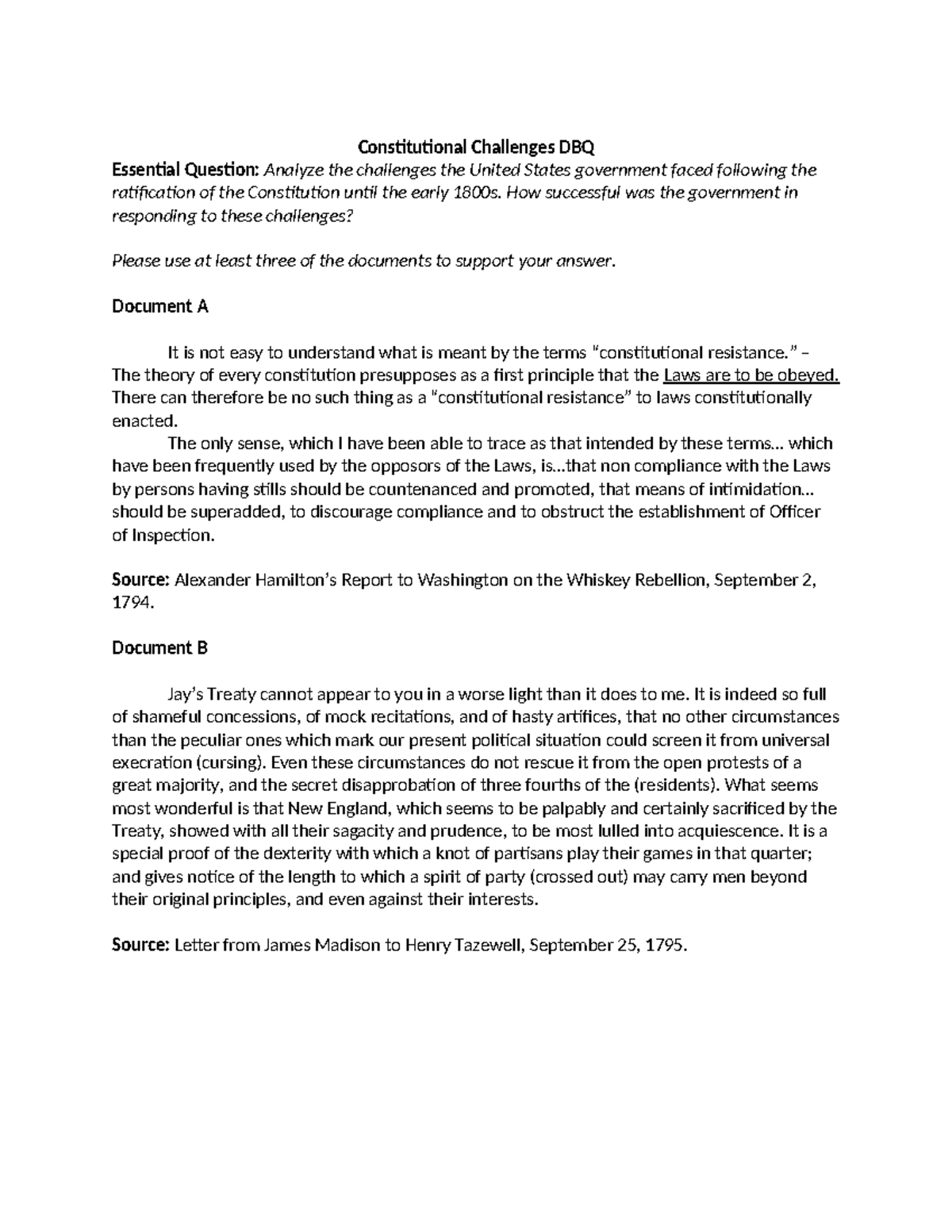 Constitutional Challenges DBQ: Analyzing Early U.S. Government ...