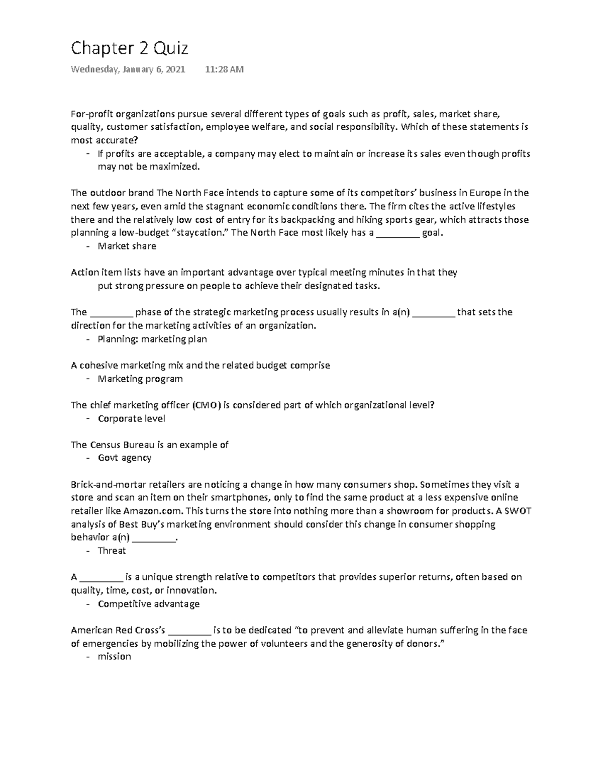 Chapter 2 quiz - Chapter 2 Quiz Wednesday, January 6, 2021 11:28 AM ...