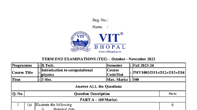 B.Tech TEE Oct-Nov 2023: Computational Physics Exam Guide - Studocu