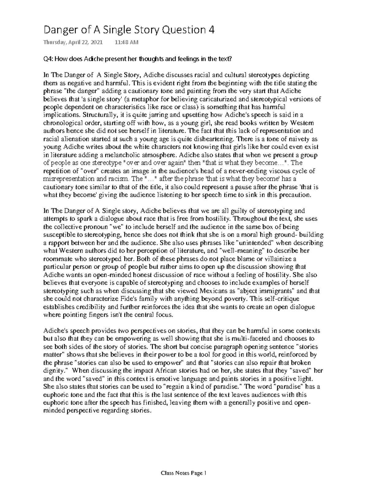 The Danger of A Single Story: Analyzing Adiche's Message (Q4) - Studocu