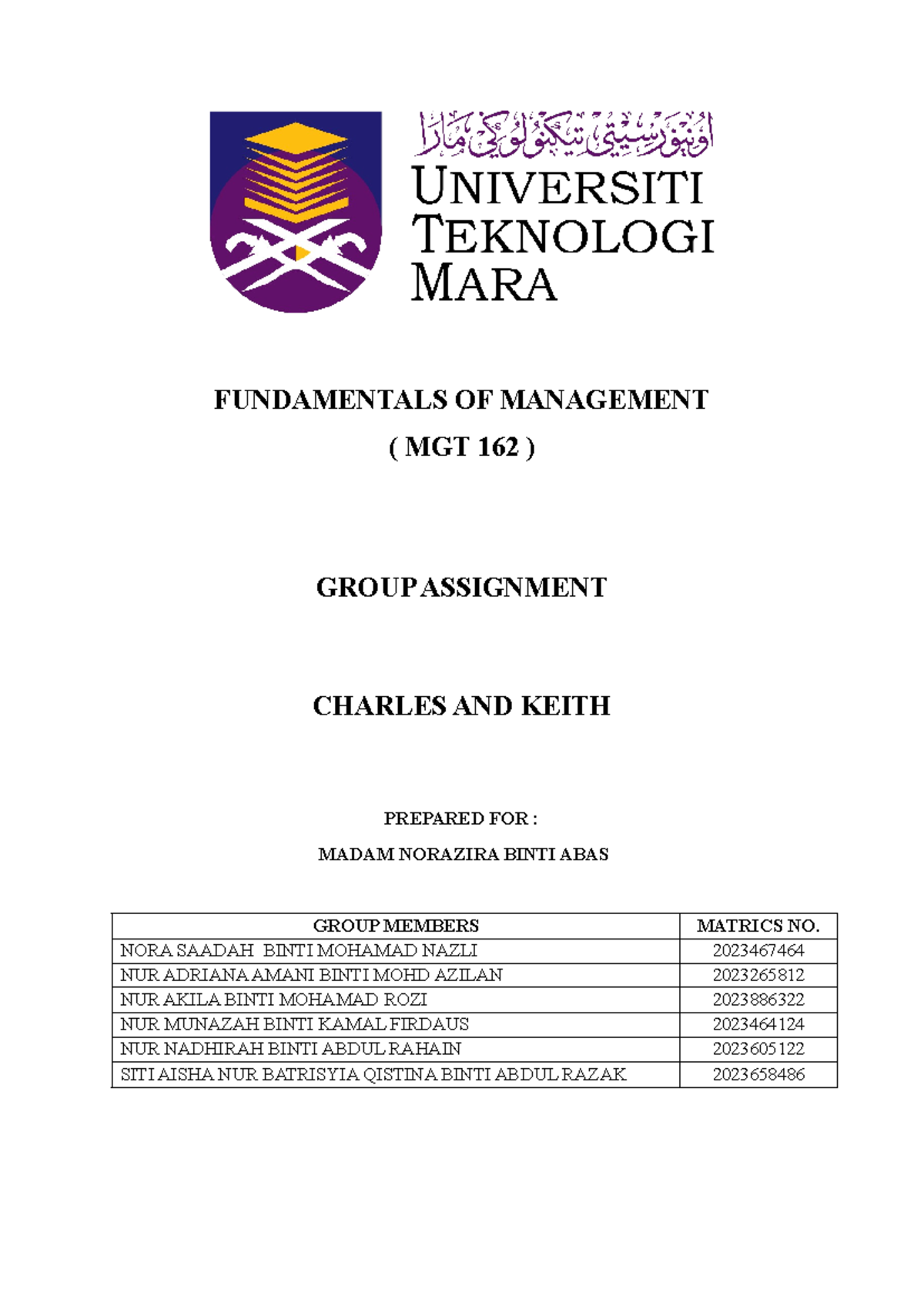 Group Assignment on Management Fundamentals (MGT 162) - Charles & Keith ...