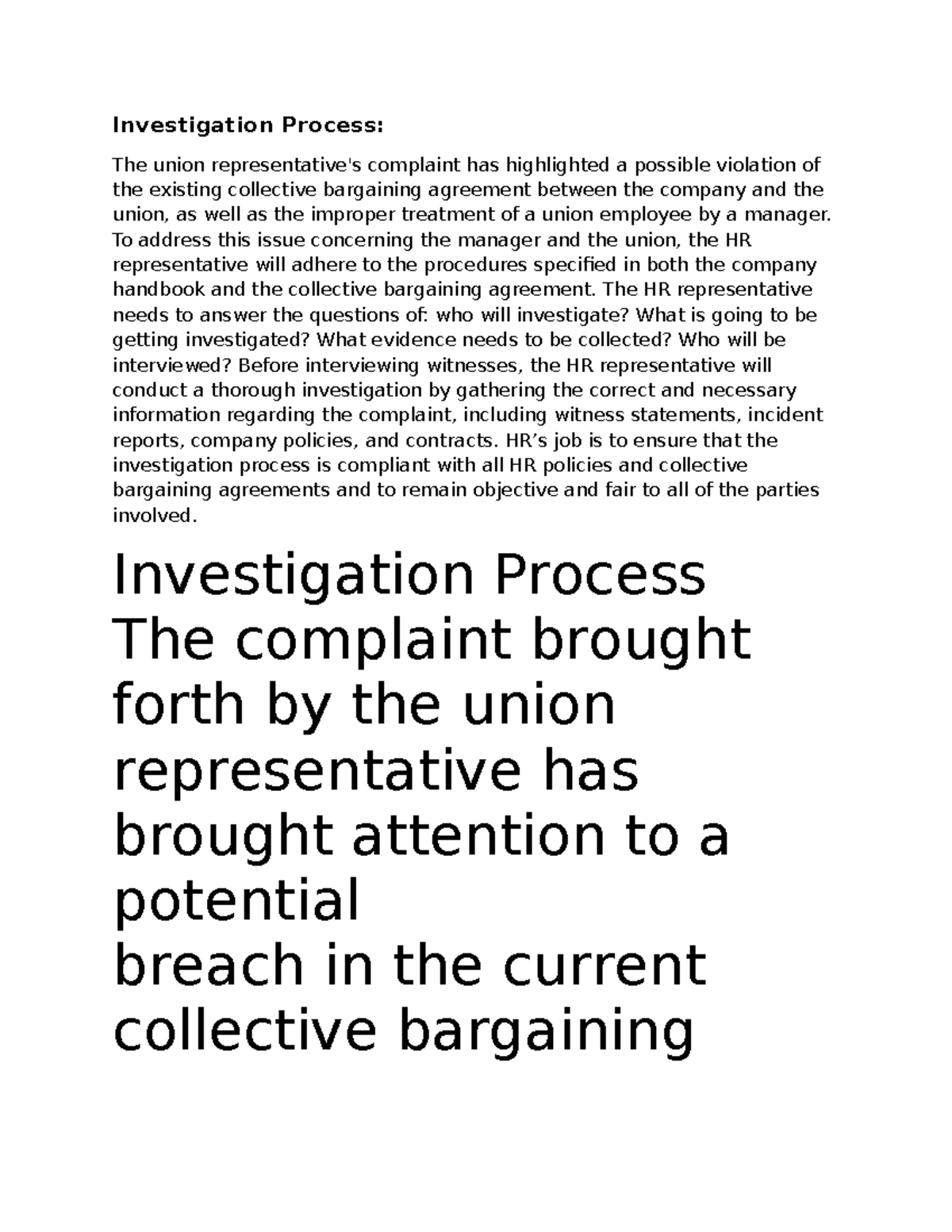 HRM 310 Investigation Process: Addressing Union Violations and Fairness ...